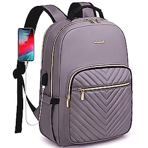 LOVEVOOK Laptop Backpack Purse for Women, Large Capacity Travel Business Computer Work Bag, Quilted Casual College Nurse Backpack for Womens, Fit 15.6 Inch Laptop with USB Port, Purple Grey
