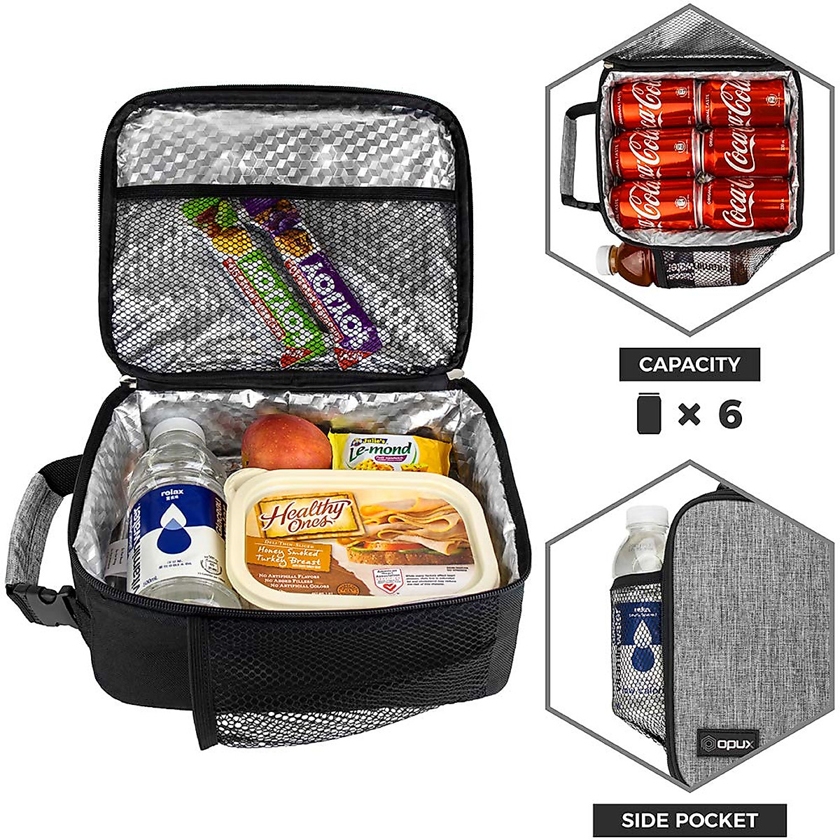 opux Lunch Box for Men, Insulated Lunch Bag for Women, Soft Lunchbox for Adult Work Office with Pocket and Clip On Handle, Reusable Compact Lunch Cooler Pail (Grey)