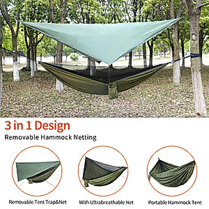 NewDoar Camping Hammock with Mosquito Net and Rain Fly Tarp,Portable Single Nylon Parachute Hammock Rainfly Set,Tree Straps Swing Hammock Bed for Outdoor Backpacking Backyard Hiking(ArmyGreen)