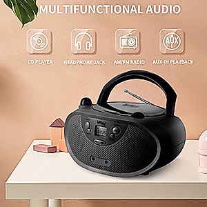 hPlay Gummy GC04 Portable CD Player Boombox with Digital Tunning AM FM Stereo Radio Kids CD Player LCD Display, Front Aux-in Port and Headphone Jack, Supported AC or Battery Powered- Black