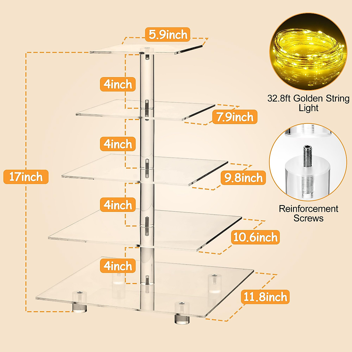 Antimbee 5 Tier Clear Acrylic Cupcake Stand with Gold LED Light String, Square Cup Cake Holder Tower Display
