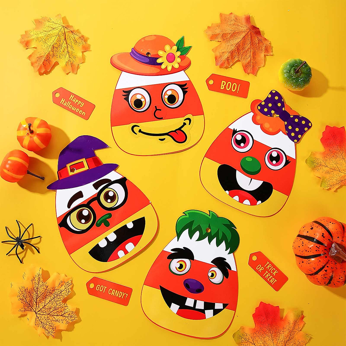 Sumind Halloween Candy Corn Craft Kits for Kids Halloween Activities DIY Handicraft Fun Home Activities for Birthday Activities Party Supplies Classroom Arts, 4 Styles (24 Sets)
