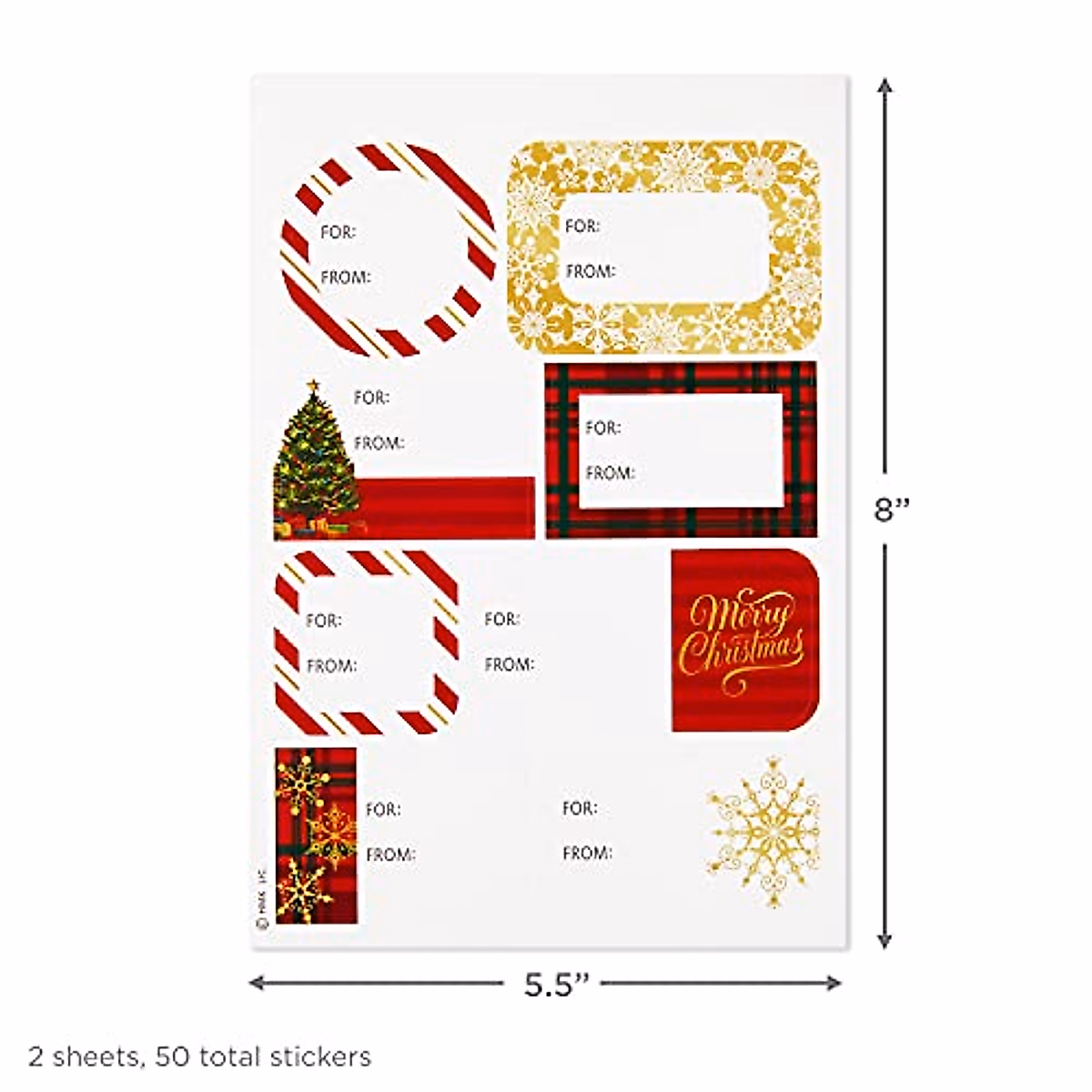 Hallmark Flat Christmas Wrapping Paper Sheets with Cutlines on Reverse and Gift Tag Seals (12 Folded Sheets, 16 Gift Tag Stickers) Red, White and Gold Stripes, Santa Claus, Snowflakes on Plaid