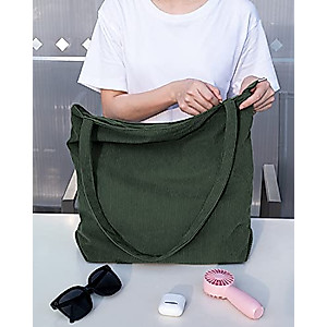 Iioscre Corduroy Tote Bag for Women,Tote Bag with Zipper,Large Capacity Casual Shoulder Handbags with Inner Pockets