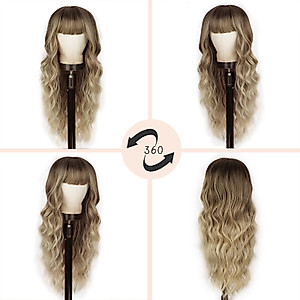 Cisyia Blonde Wigs with Bangs Ombre Blonde Wig for Women 26 Inches Long Wavy Curly Synthetic Heat Resistant Fiber Wigs for Girls Daily Party Use