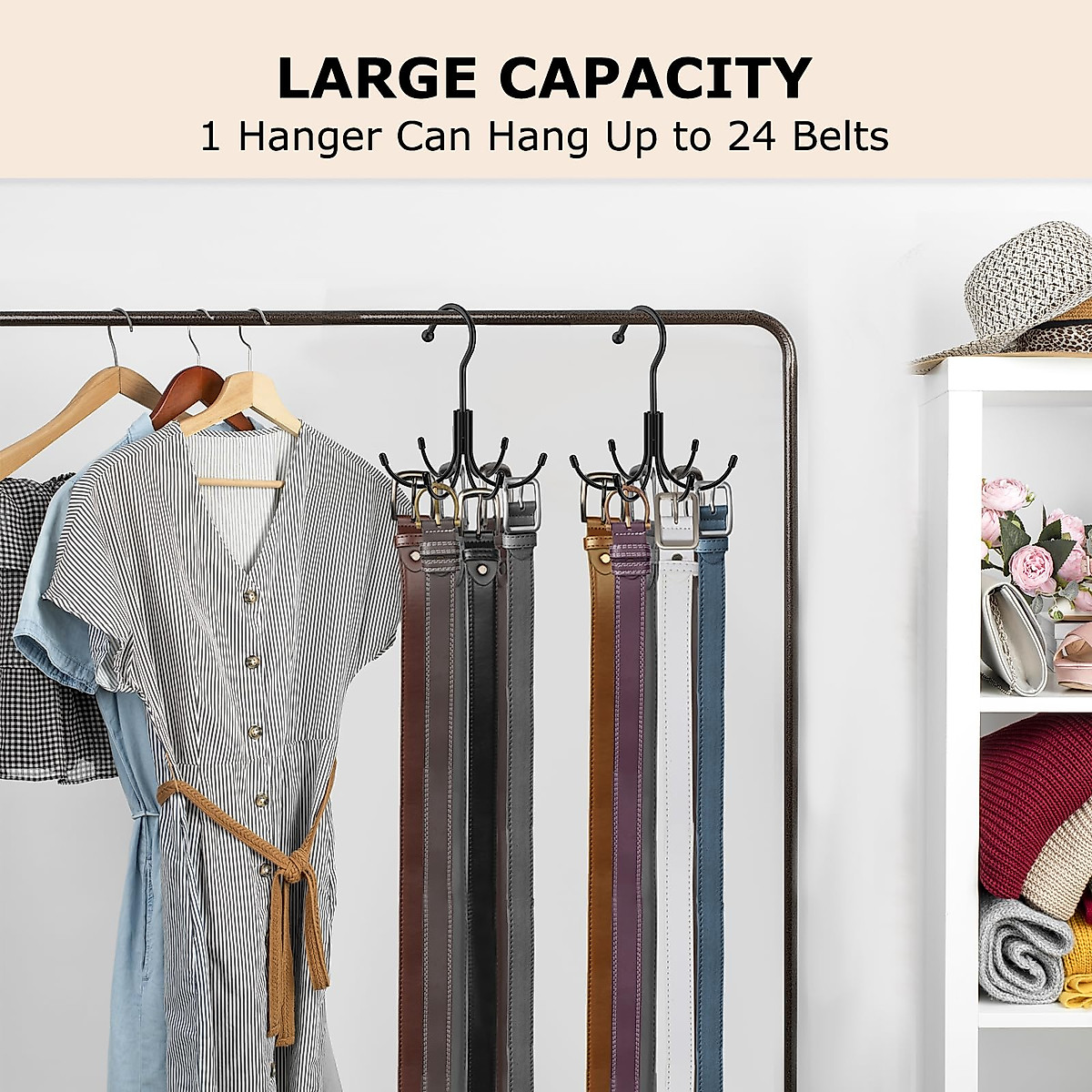 Lomrsiul Belt Hanger Organizer for Closet - Non Slip Rotatable Tie Rack Hanger with 6 Hooks Max 24 Belts Closet Organizers and Storage for Belt Tie Purse Tank Top Handbag Hat Bra Black