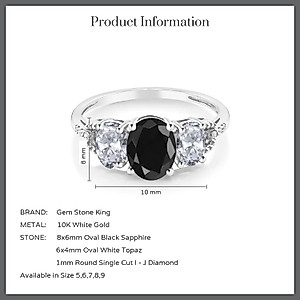 Gem Stone King 10K White Gold Black Sapphire White Topaz and Diamond Accent 3-Stone Engagement Ring | 2.71 Cttw | 3 Stone Wedding Anniversary Promise Ring For Women (Size 8)