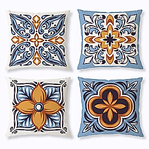 Outdoor Pillow Covers 18x18 Waterproof Outdoor Pillows for Patio Furniture Orange and Blue Boho Outdoor Pillows Decorative Garden Cushion Couch Throw Pillows Covers Farmhouse Home Decor 
