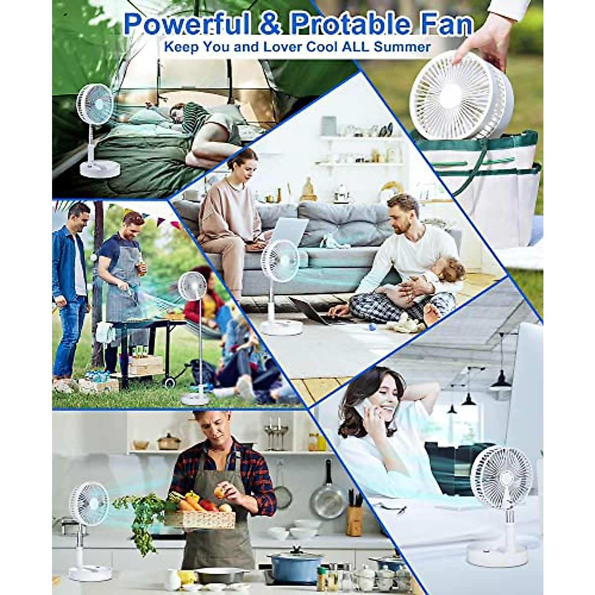 Portable Foldable Fan for Travel - 7200mAh Rechargeable Battery Folding Standing Table Fan with 4 Speeds - 7.8'' Super Quiet Collapsible Pedestal Fan with Remote for Home Bedroom Office, White