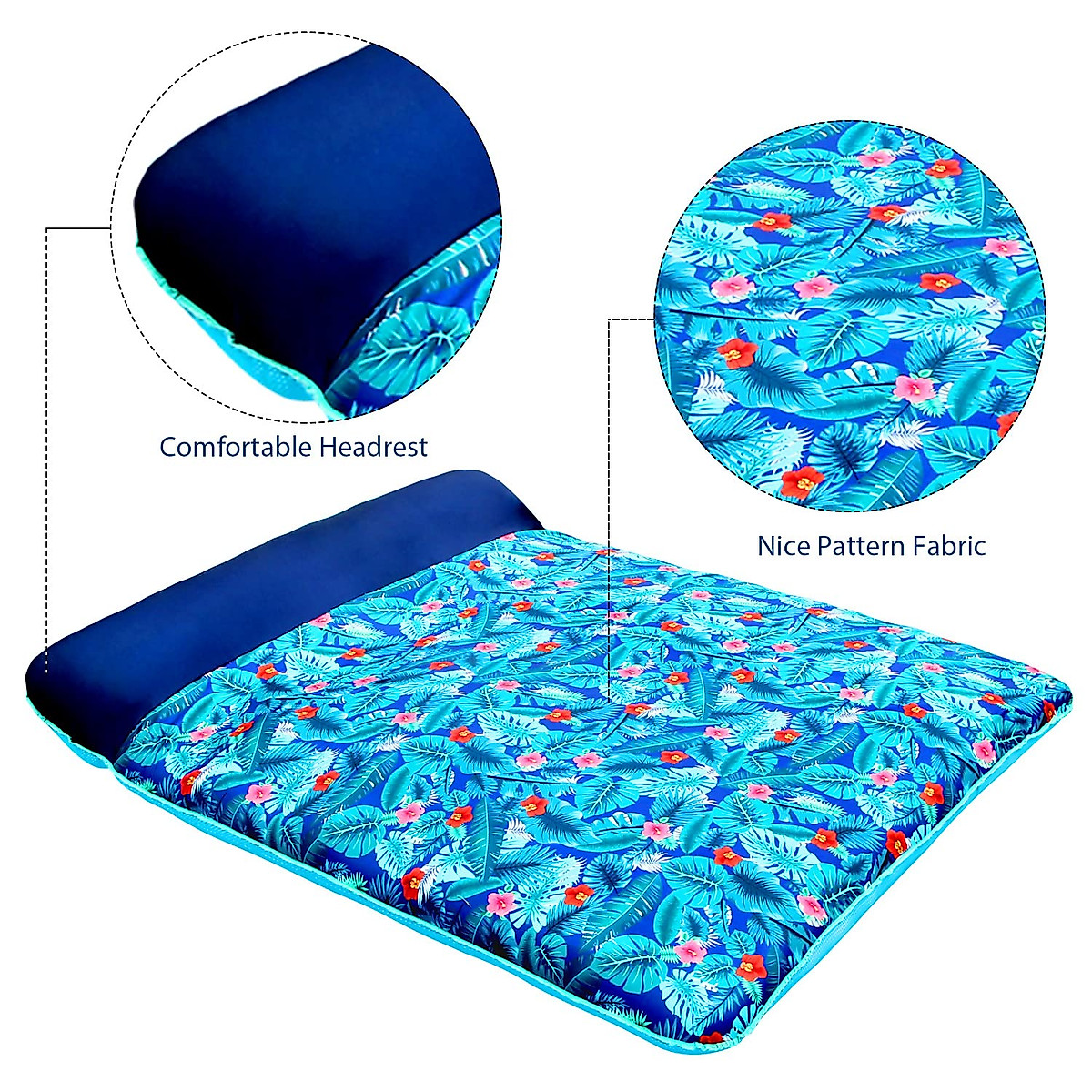 FindUWill Oversized Pool Floats Raft, 1-2 Person, 72'' X 60'' Giant Fabric-Covered Pool Floats Adult Size, Inflatable Floating Mat with Headrest Ultra-Comfort Summer Pool Lounger Floatie