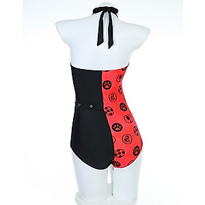 Miraculous Women's Ladybug and Lady Noir Beach Halter One Piece Swimsuit Bathing Suit (as1, Alpha, x_l, Regular, Regular, Black and Red)