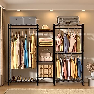 Garment Rack, Heavy Duty Clothes Rack Metal Clothing Rack with Shelves, Freestanding Portable Wardrobe Closet Rack for Hanging Clothes, with 3 Hang Rods & 8 Shelves for Clothes Organize and Storage