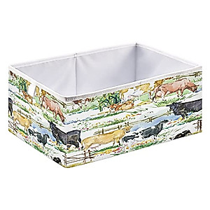 Kigai Farm Animals Watercolor Bow Storage Box, Foldable Storage Bins with Handle, Decorative Closet Organizer Storage Boxes for Home