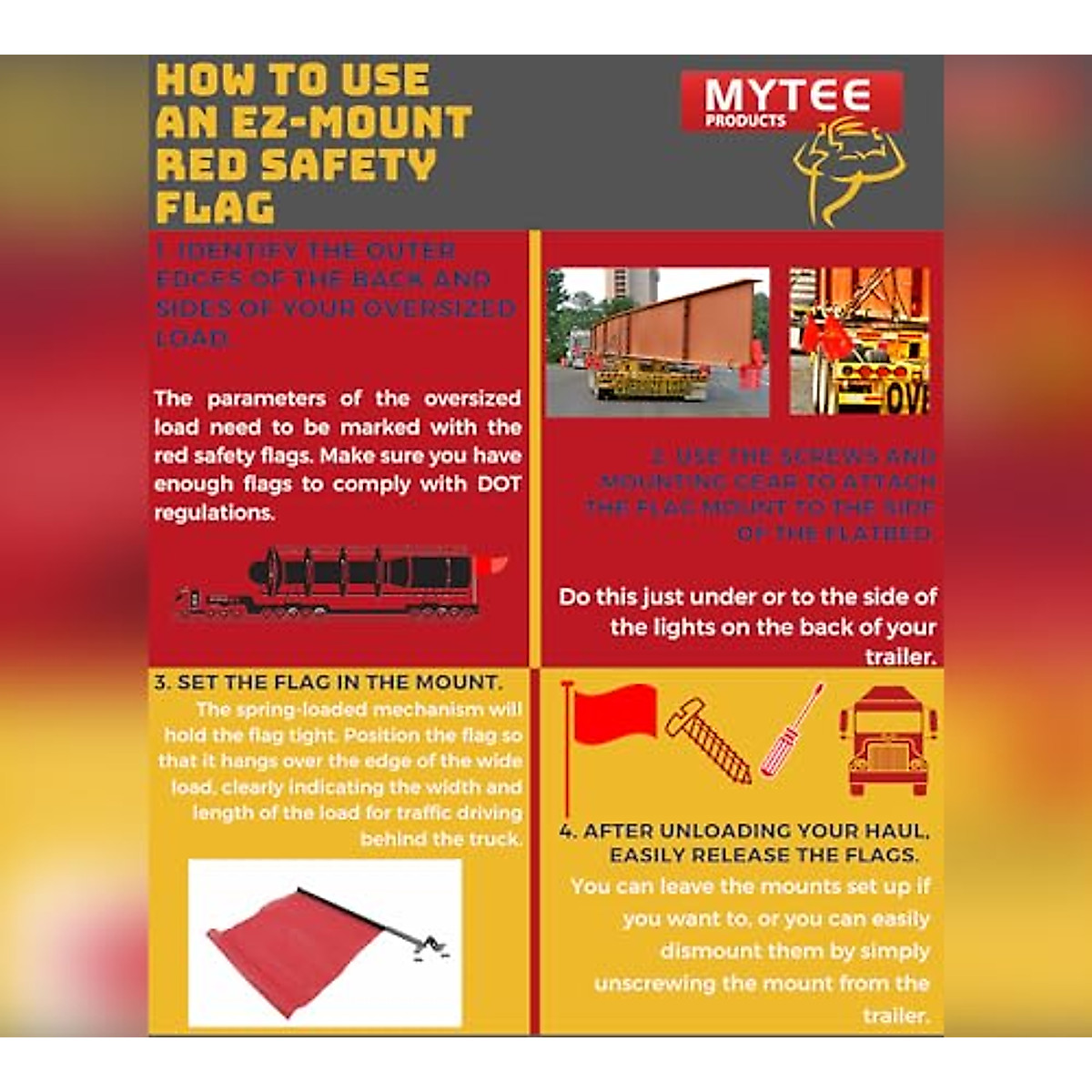 Mytee Products EZ Mount Warning Flag Red 18" x 18" Mesh Safety Flag DOT Compliant | Spring Loaded Quick n Easy Disconnect - 2 Pack