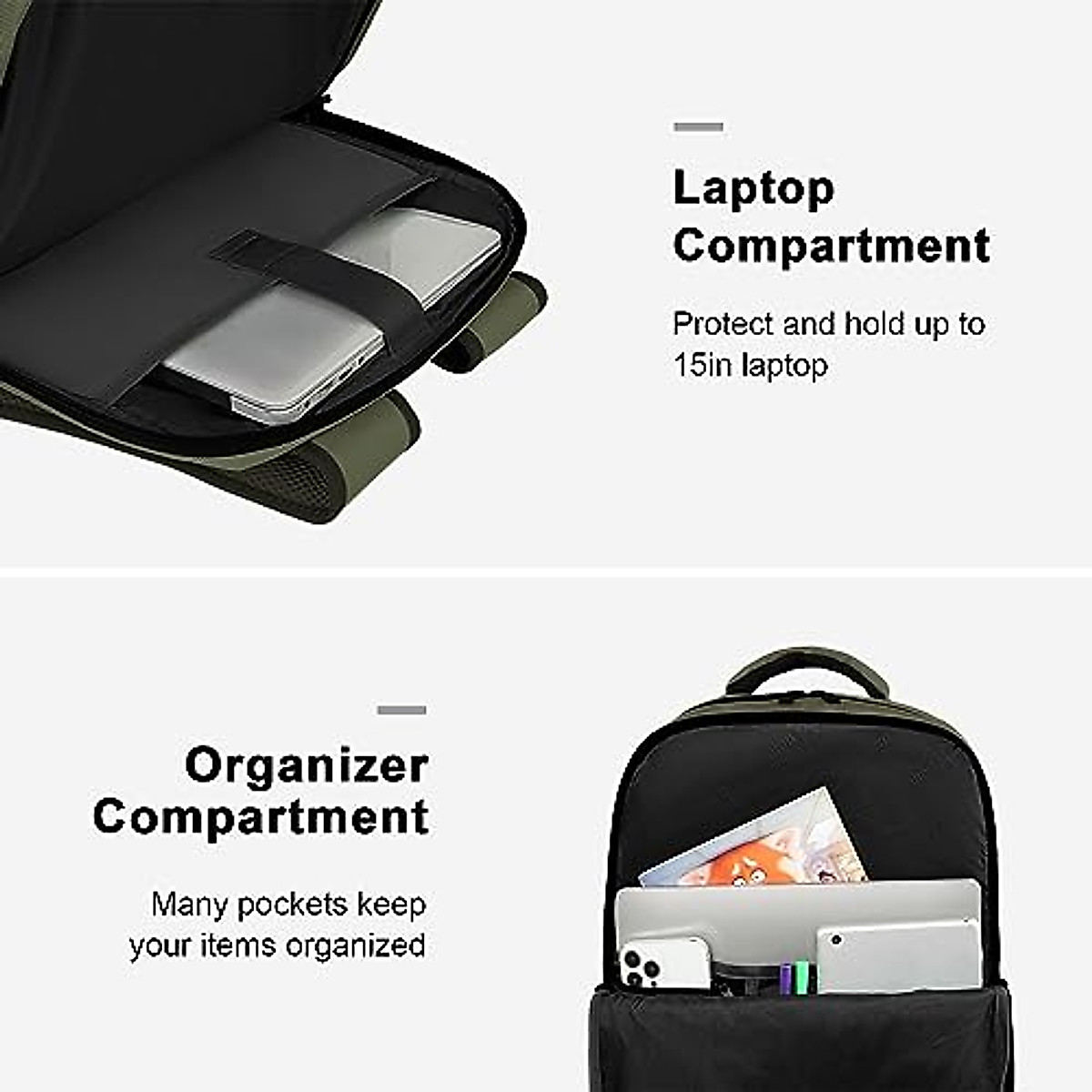 Travel Carry on Backpack, Flight Approved Laptop Backpack with USB Charging Port, Durable Computer Bag for Men Women Fits 15.6 In Laptop, Anti-Theft Waterproof Work Daypack for Business College, Green