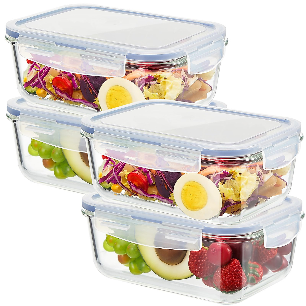Blushtier 4 Set 8 Cup Large Glass Storage Containers Airtight 63 oz Food Bento Boxes Sets with Lids Kitchen Storage Containers Glass Cookie