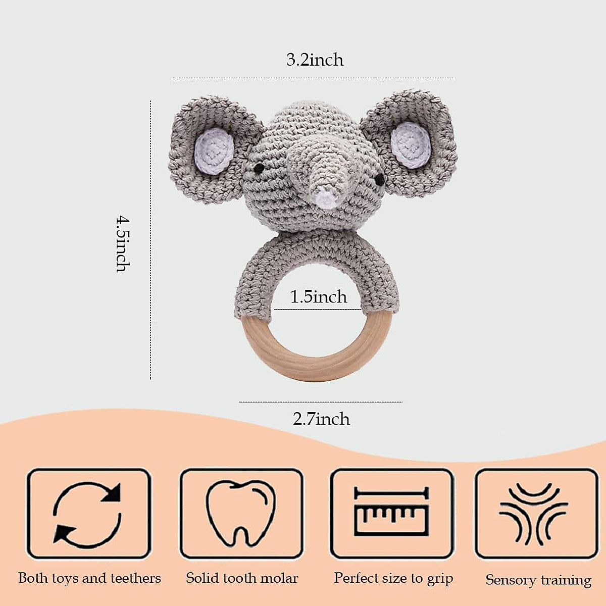 Youuys Wooden Baby Rattle Toys, Easter Rattle for Baby Crochet Elephant Rattle Toy Natural Wood, Shaker Rattle for Hand Grips, Boy Girl First Rattle Gift, Newborn Gifts (Elephant)