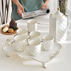 LDCHNH 8 Pieces of White Porcelain Coffee Tea Set with Gold Dots Ceramic Teapot Storage Tray Kitchen Tableware Home Decoration (Color : D, Size