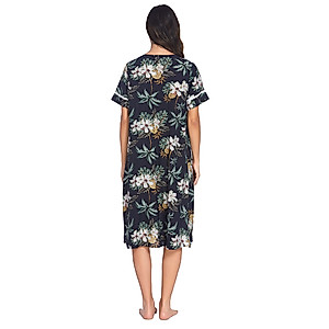 Ekouaer House Dress for Women with Pockets Button Front Duster Housecoat Short Sleeve Nightgown Dress Floral Woven Lounger Robe, Navy, Large