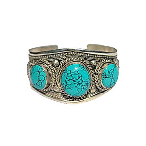 3 Stone Blue Stabilized-Turquoise Adjustable Cuff Bracelet | Ornate Boho Jewelry for Men & Women