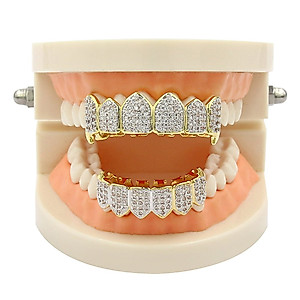 Moca Jewelry Hip Hop Unisex 18K Gold Plated Iced Out CZ Simulated Diamond Top Bottom Teeth Grillz Set for Men Women