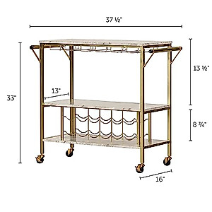 South Shore Maliza Bar Cart Bottle Storage and Wine Glass Rack-Faux Marble and Gold