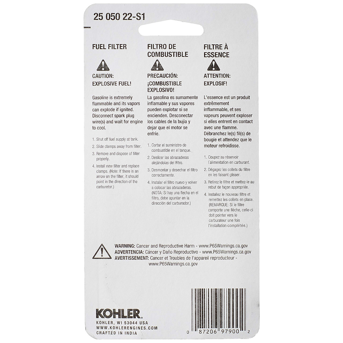 Kohler 25 050 22-S1 Engine Fuel Filter 51 Micron with 1/4-inch Fuel Line Inside Diameter