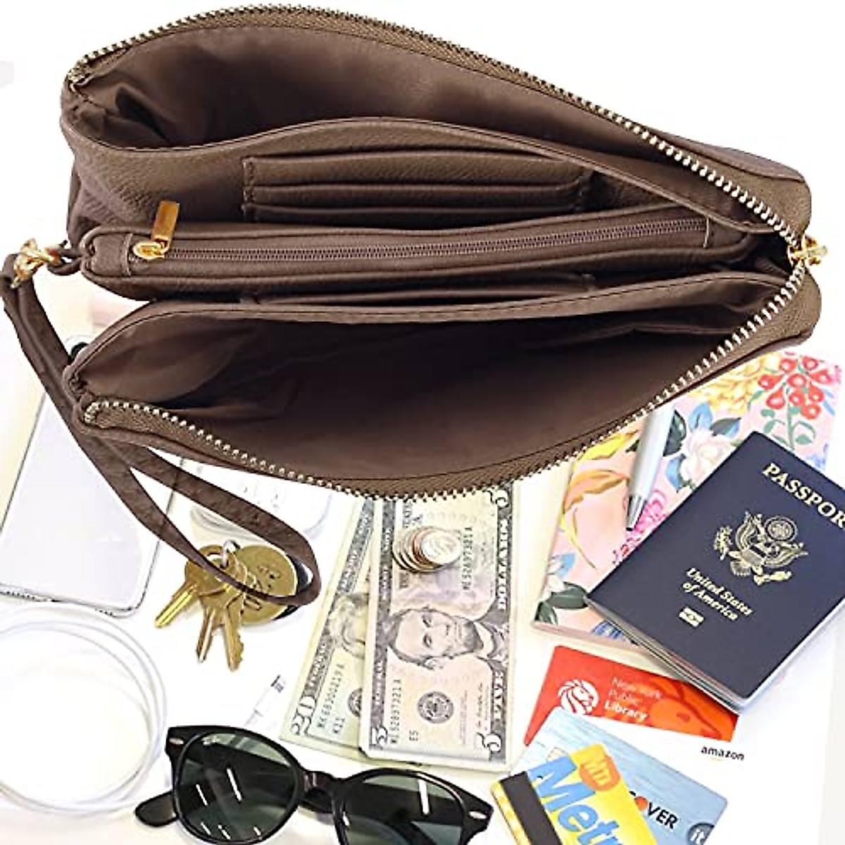 Humble Chic Vegan Leather Wristlet Wallets for Women, Phone Clutch or Small Purse Crossbody Bag, Includes Adjustable Shoulder and Wrist Straps, Taupe Brown, Tan