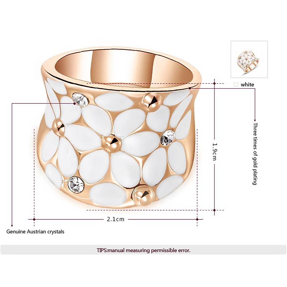 Fashion Month Womens Elegant White Enamel Flower Rose Gold Band Bloom Petal Wedding Engagement Ring Crystal Inlay Size 8