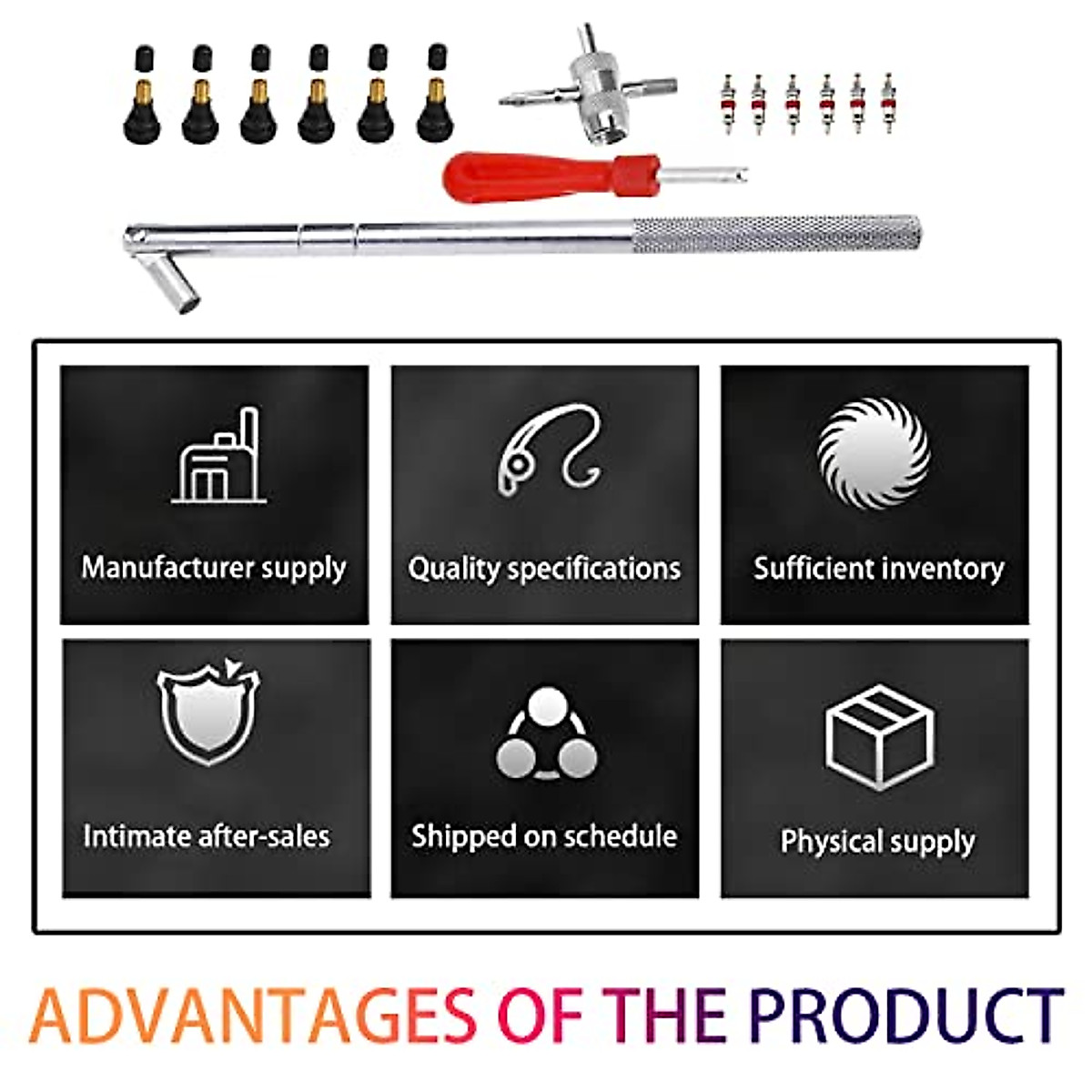 Tire Valve Stem Tool Puller and Installer Kit, Remover and Installation Set, 6 Pcs TR412 Snap-in Valve Stems with Valve Stem Cores, 1 Pcs Single Head Tire Valve Core Tool, 1 Pcs 4-Way Valve Tool