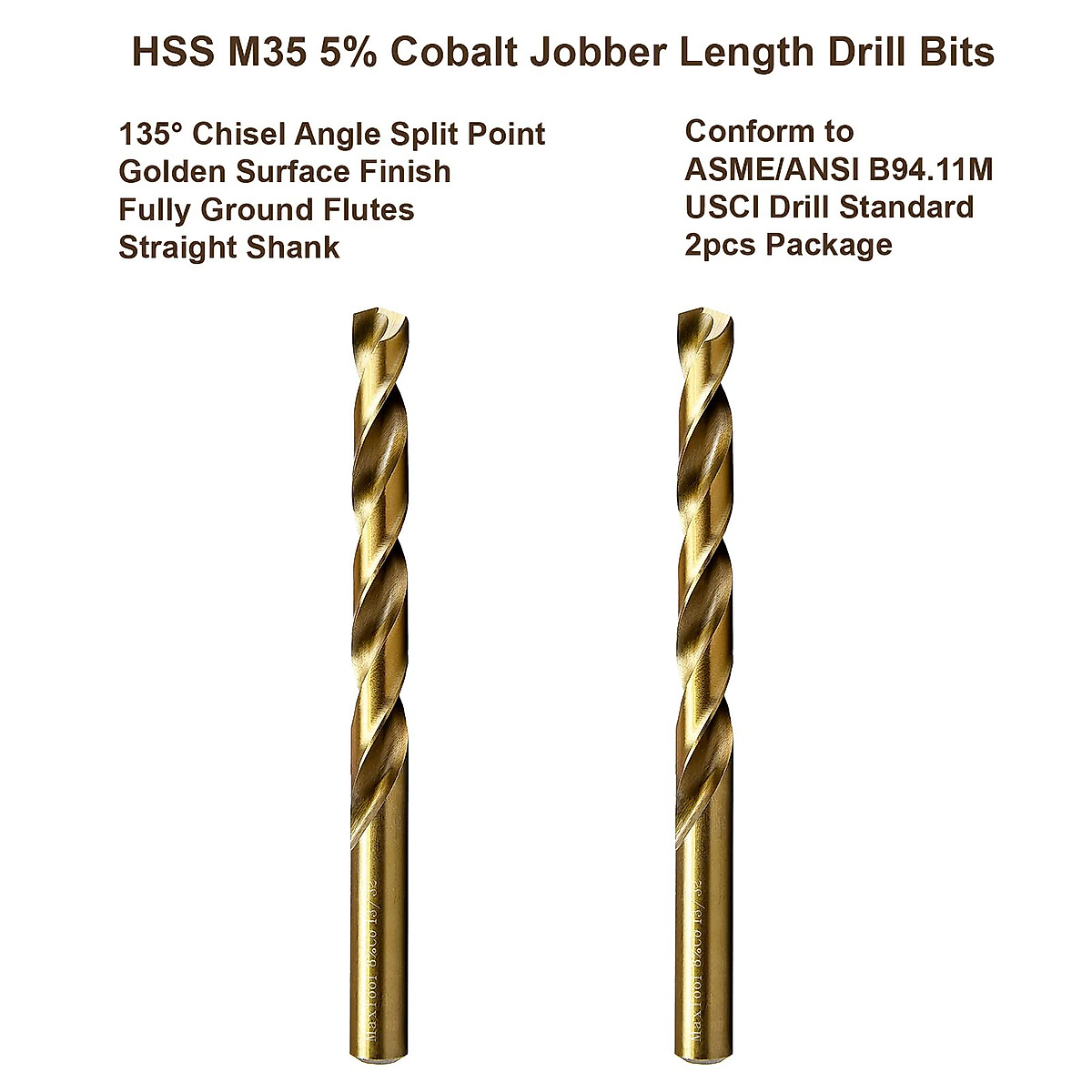 MAXTOOL 5/16" 2pcs Identical Jobber Length Drills HSS M35 Twist Drill Bits 5% Cobalt Fully Ground Golden Straight Shank Drills; JBF35G10R20P2