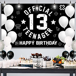 HTDZZI 13th Birthday Backdrop Banner, Happy 13th Birthday Decoration for Boys Girls, Official Teenager 13 Birthday Party Yard Sign, 13 Year Old Birthday Photo Booth Props Decor, Fabric, Black White
