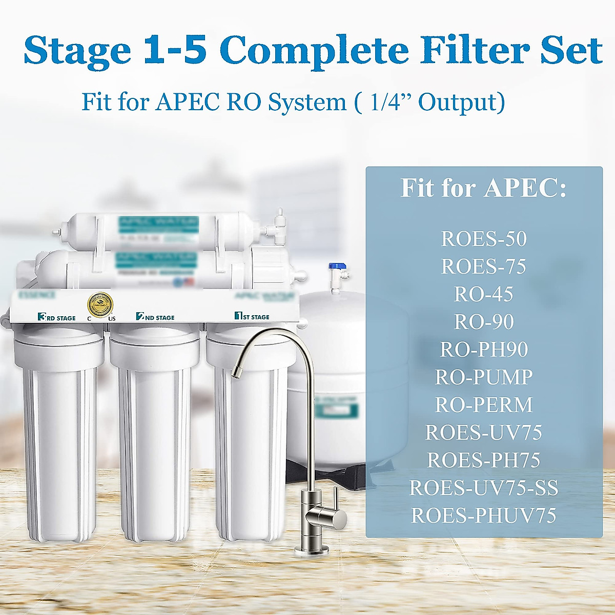 Vegebe 1-5 Stage 100 GPD RO Water Filter Set Replacement Fit for APEC Reverse Osmosis System (1/4" Output)