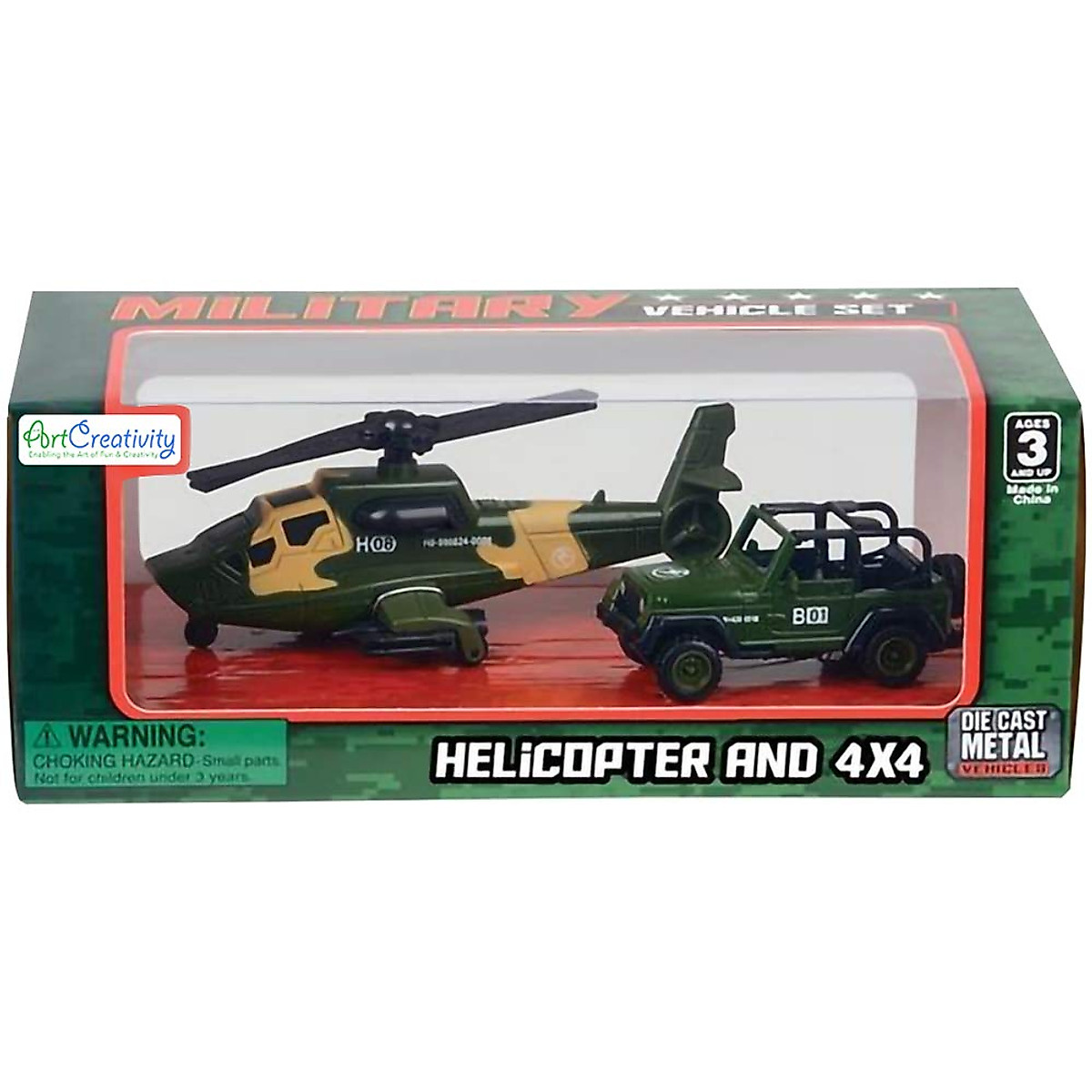 ArtCreativity Military Toy Playset for Kids, 2-Piece, Includes 1 Helicopter Toy and 1 Jeep, Durable Diecast Army Toys for Kids, Pretend Play Set for Boys and Girls, Great Birthday Gift