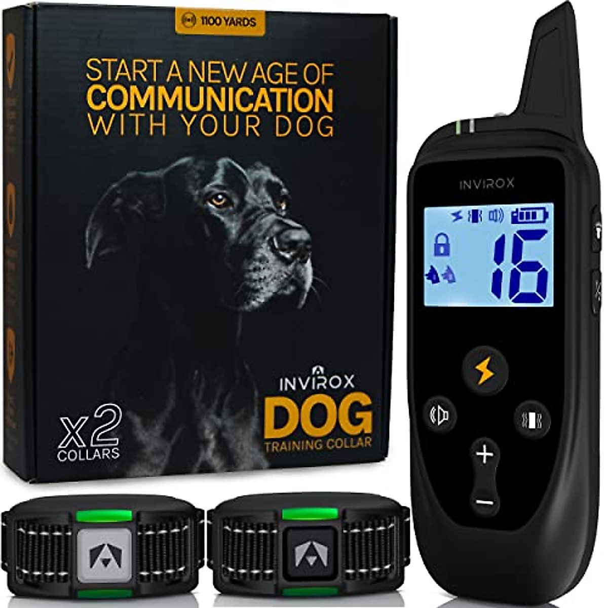 INVIROX Dog Shock Collar for Large Dog X2 [2024 Edition] 123 Levels Dog Training Collar 1100yd Range, 100% Waterproof, Rechargeable Electric Dog Collars for Medium Dogs, E Collar for Large Dogs