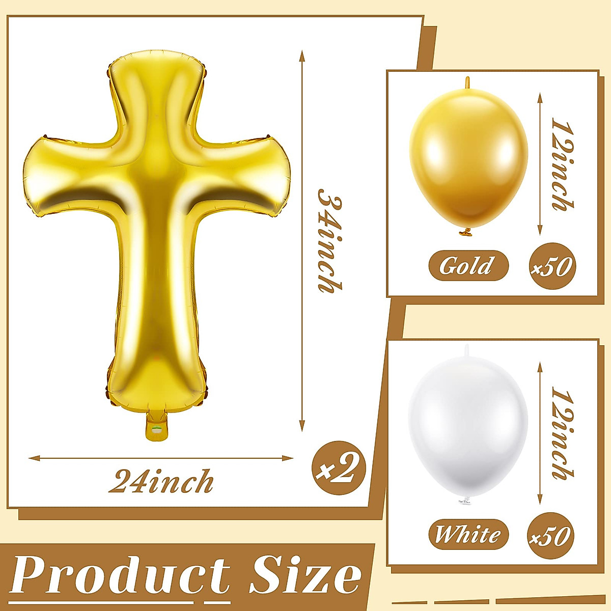 102 Pieces 12 Inch Latex Link Balloons and 34 Inch Gold Cross Balloon Needle Tail Balloons Quick Connect Balloons Jumbo Baptism Balloons Foil Party Balloons for First Communion Baby Shower Decoration