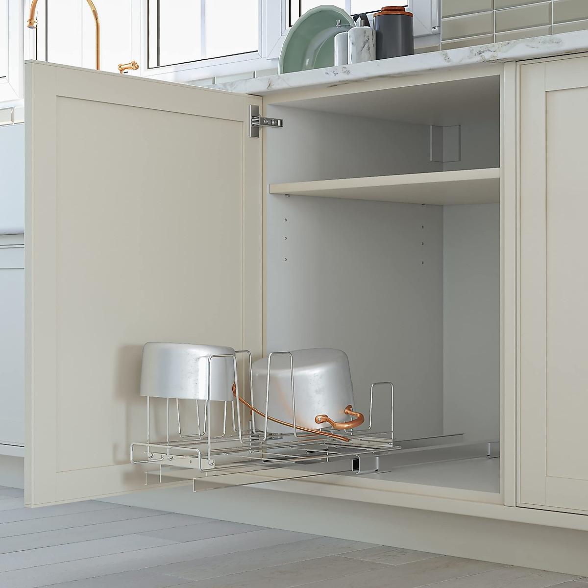 Home Zone Living Pull Out Kitchen Cabinet Organizer with One Tier of Storage and Dividers, 7.17” W x 21” D