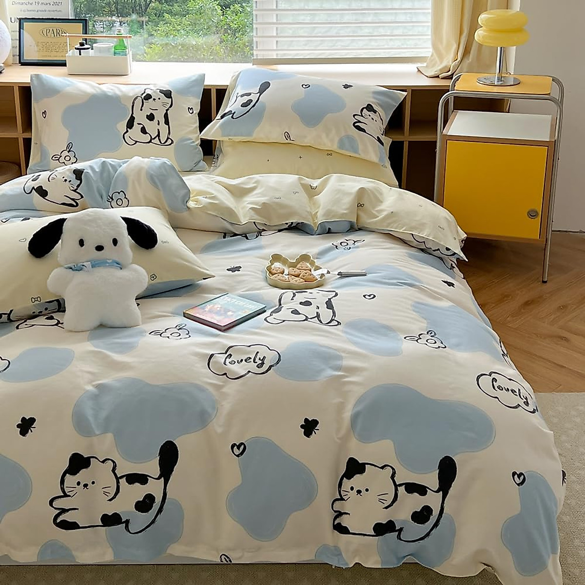 LIWHENHAO Rabbit Duvet Cover Set Twin 100% Cotton Bedding Cartoon Bunny Garden Red Apple Floral Pattern 1 Kawaii Flower Comforter Cover Zipper Closure 2 Pillowcases for Kids Girls Boys