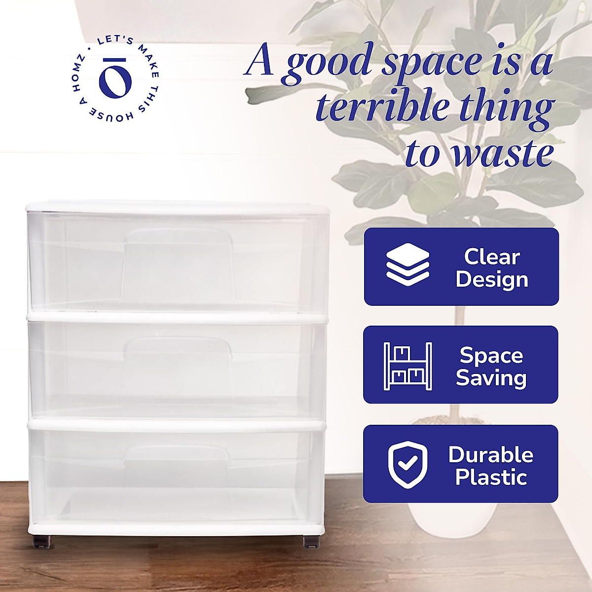 HOMZ Drawer Tower, 3-Tier Wide Clear Plastic Storage Organizer Cart, White Frame