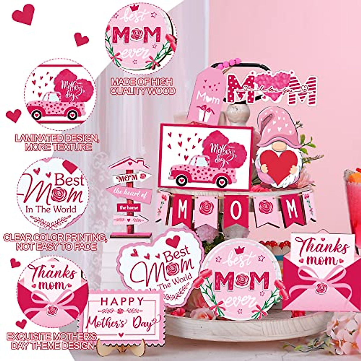 16 Pcs Mother's Day Heart Tiered Tray Decor Happy Mother's Day Wooden Sign Gnome Truck Mom Letters Wooden Decor Mothers Day Table Decorations for Mother's Gift Party Supplies (Heart Style)