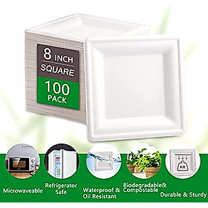 SUT 8-Inch Compostable Paper Plates, 100 PCS Square Biodegradable Bagasse Plates, Heavy-Duty Microwaveable Plates, Eco-Friendly Natural Disposable Plates, Made of Sugarcane Fibers, for Party, Picnic