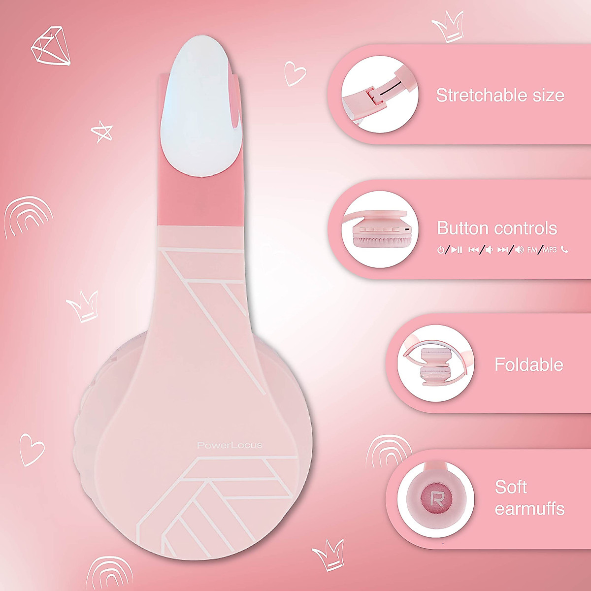 PowerLocus Bluetooth Headphones for Kids, Wireless Foldable Headphones Over Ear, Headphone with Microphone, 85DB Volume Limit, Wireless and Wired Headset with Micro SD, FM for Cellphones, Tablets, PC