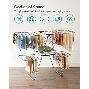 SONGMICS Clothes Drying Rack, Foldable 2-Level Laundry Drying Rack, Free-Standing Large Drying Rack, with Height-Adjustable Wings, 33 Drying Rails, Sock Clips, for Clothes, Sheets, Blue ULLR53BU