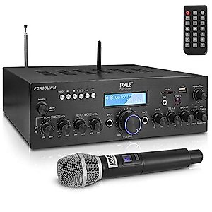 Pyle Wireless Microphone Power Amplifier System- 200W Dual Channel Sound Audio Stereo Karaoke Speaker Receiver w/USB, AUX, Microphone IN w/Echo, Radio, Home Theater via RCA, Studio Use - Pyle PDA8BUWM