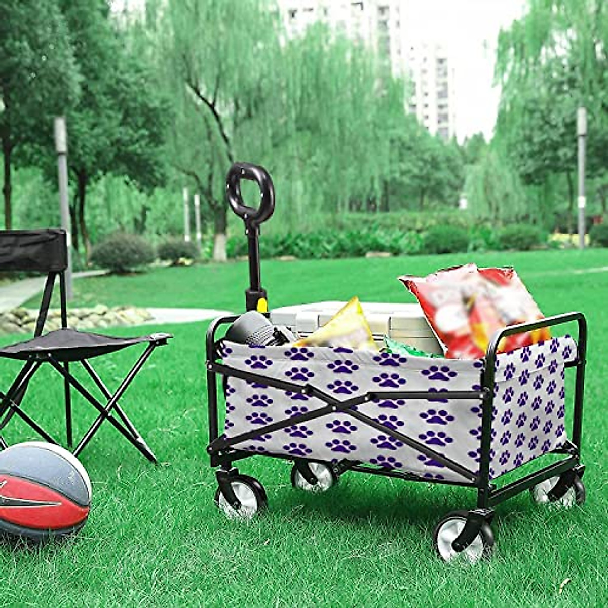 Collapsible Wagon Cart A Simple of Footprints White Purple Animal Tracks Print is Well Suited Foldable Utility Wagon Large Capacity Garden Cart with Push Bar for Beach Camp Outdoor Shopping