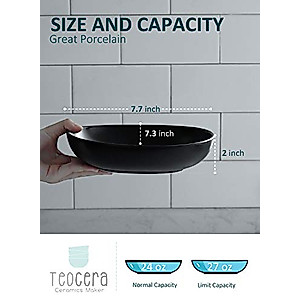Teocera Wide and Shallow Porcelain Salad and Pasta Bowls Set of 6-24 Ounce Microwave and Dishwasher Safe Serving Dishes, Matte Black