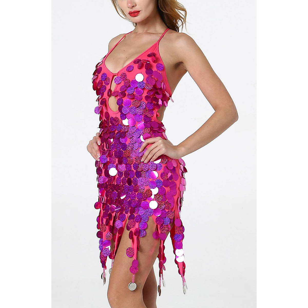 FEOYA Women's 1920s Sequins Dress Sexy Backless Dance Party Dresses Tie Closure Ballroom Practice Dancewear, Rose Red