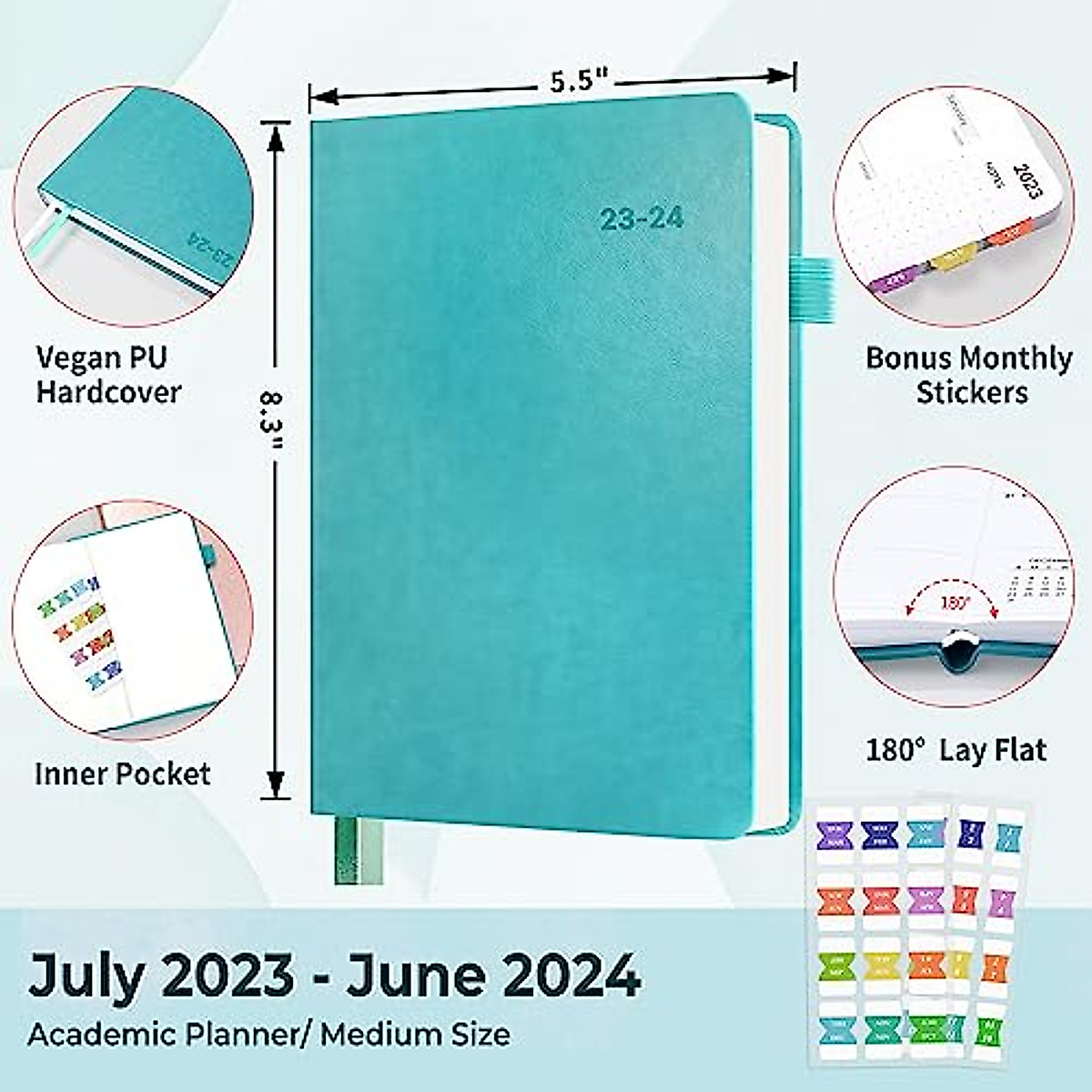 SUNEE Weekly Planner 2023-2024 5.5"x8.3" Weekly & Monthly Daily - from July 2023 - June 2024, A5 Size Calendar Academic Year Planner, Hardcover,Pocket,100 GSM Paper,Monthly Sticker (Turquoise, A5)