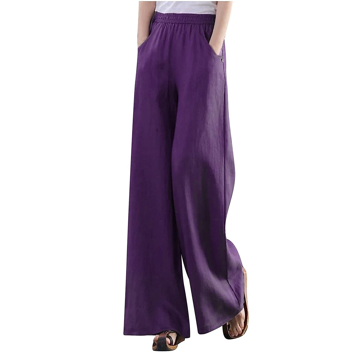 Linen Pants Women Summer Short Inseam Womens Straight-Leg Pull-on Pants Cotton Linen Trousers Palazzo Lounge Pants Slacks Summer Casual Comfy Loose Pants Purple XL