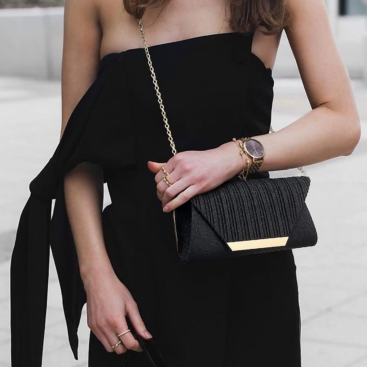 Dasein Women Glitter Envelope Evening Clutch Bags Formal Party Purses Wedding Bag Chain Cocktail Prom Bag (Black)